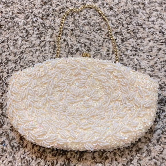Bags | Vintage Formal Ivory Beaded Mini Handbag With Small Gold Chain ...